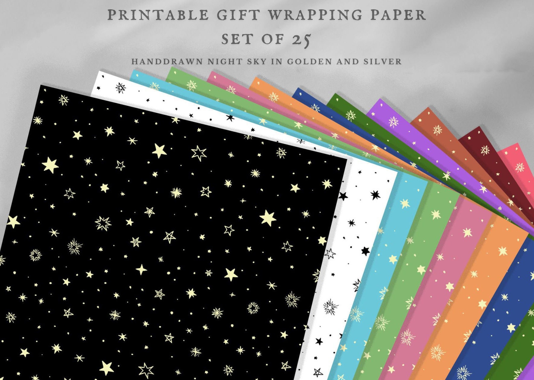 Printable Wrapping Paper Set, Night Sky Themed Golden and Silver Stars ...