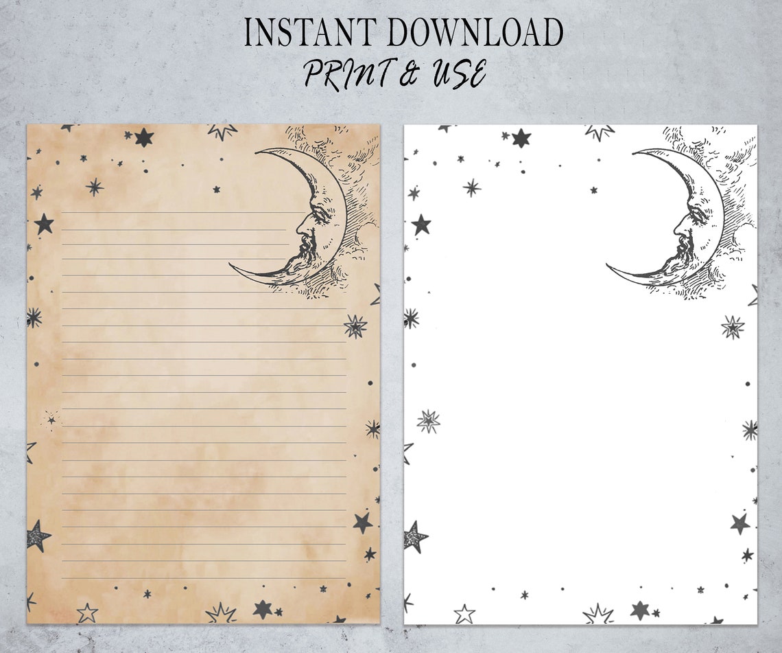 Vintage Nocturnal Night Sky Printable Stationery Paper Set, Crescent ...