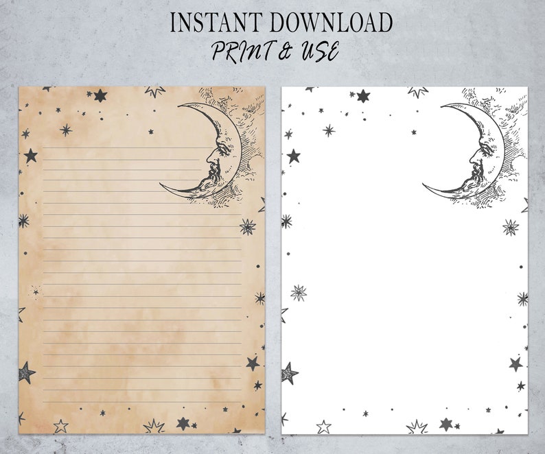 Vintage Nocturnal Night Sky Printable Stationery Paper Set, Crescent ...