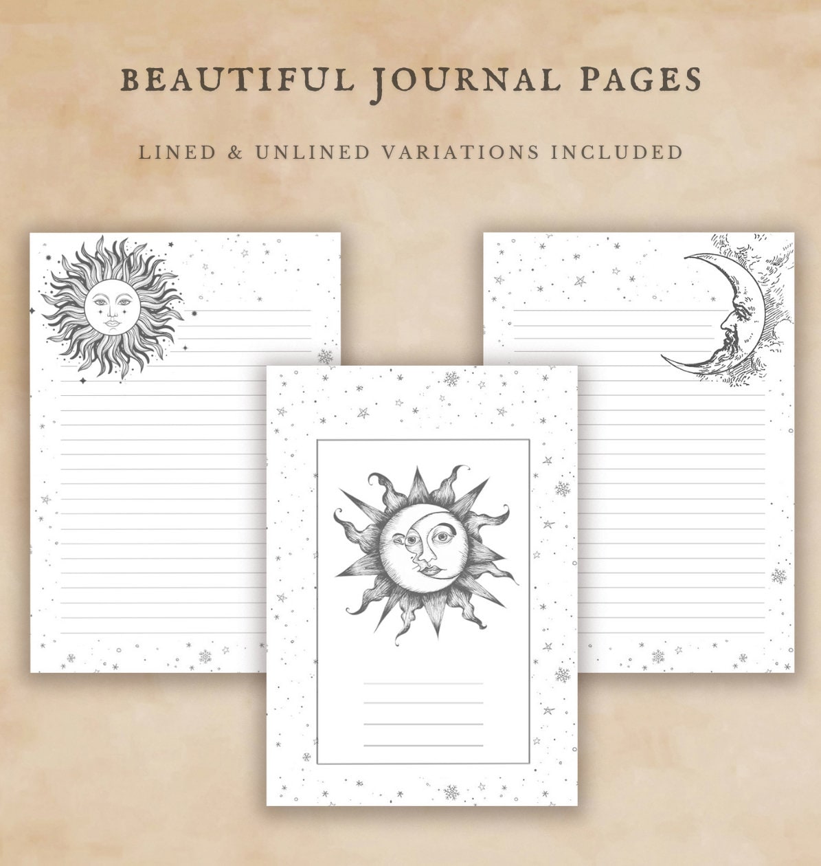 Sun and Moon Printable Journal Kit, Set of 16 Digital Papers, Daily ...