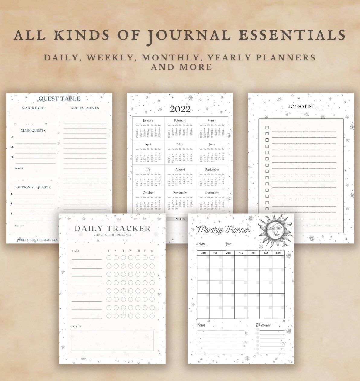 Sun and Moon Printable Journal Kit, Set of 16 Digital Papers, Daily ...