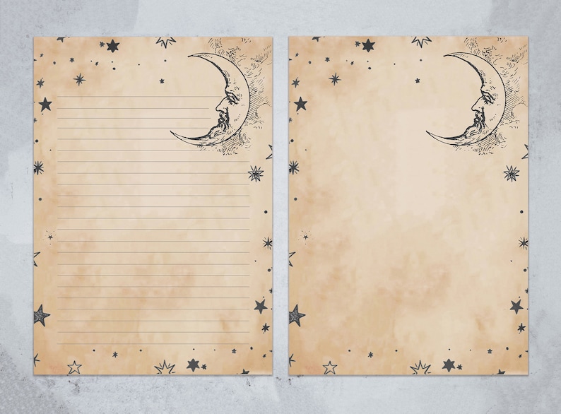 Vintage Nocturnal Night Sky Printable Stationery Paper Set, Crescent ...