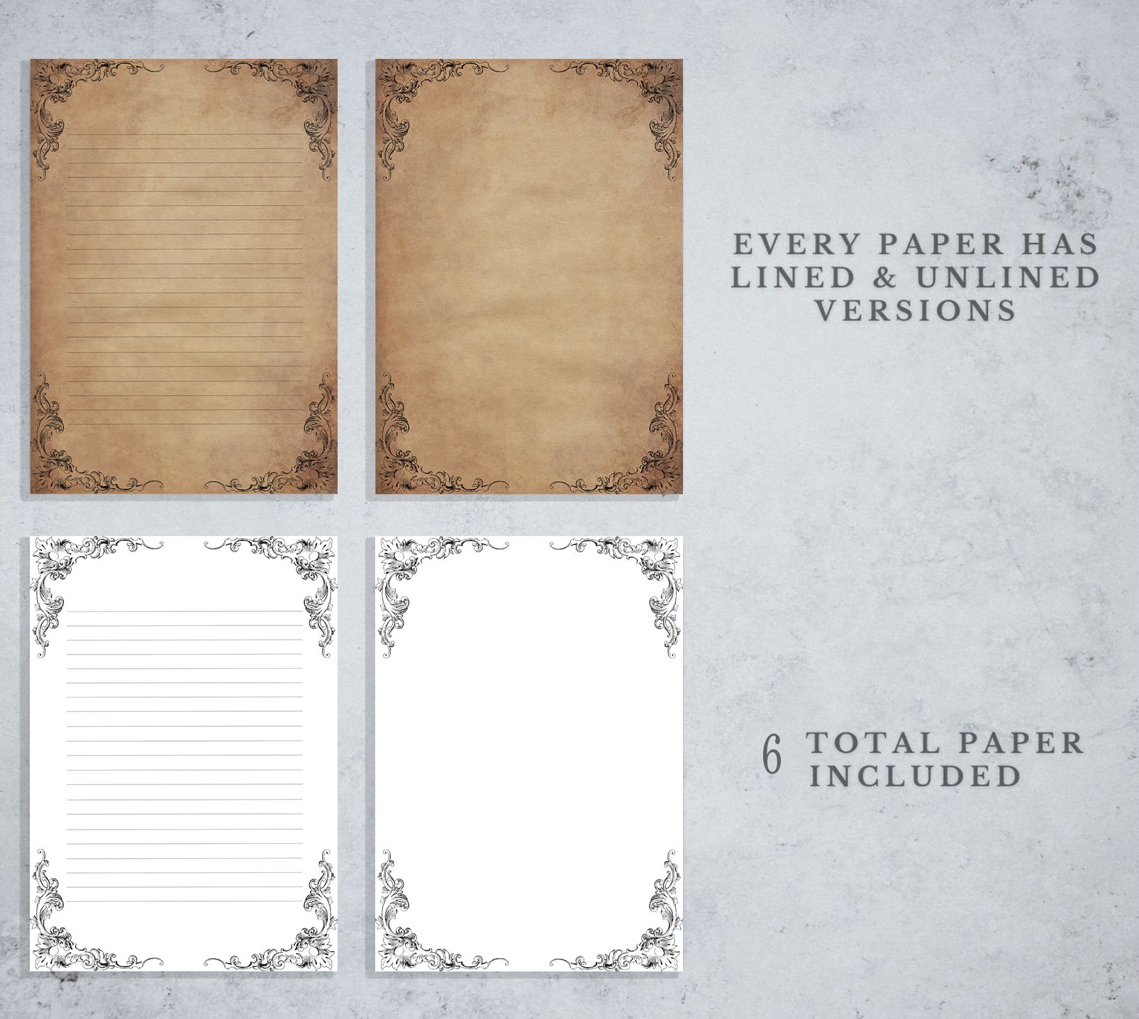 Victorian Floral Ornament Printable Stationery, Set of 6 Papers, Lined ...