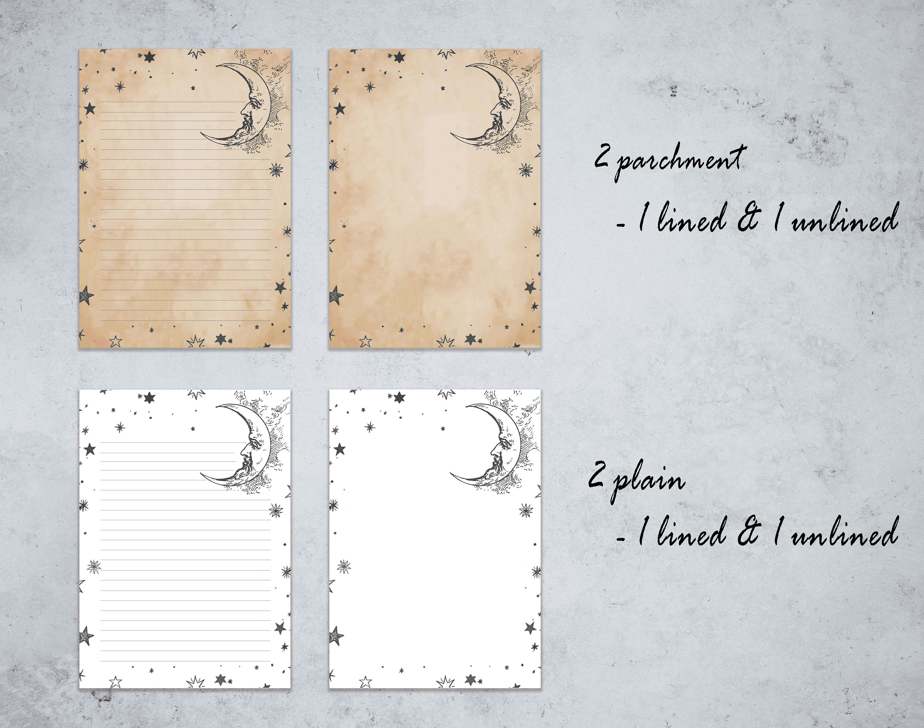 Vintage Nocturnal Night Sky Printable Stationery Paper Set, Crescent ...