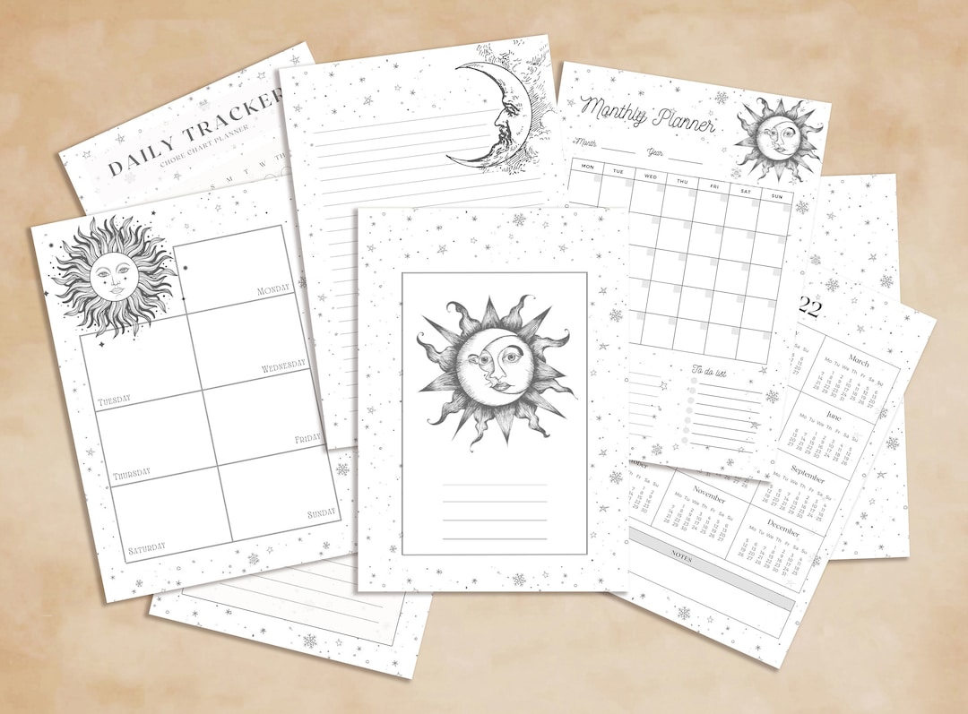 Sun and Moon Printable Journal Kit, Set of 16 Digital Papers, Daily ...