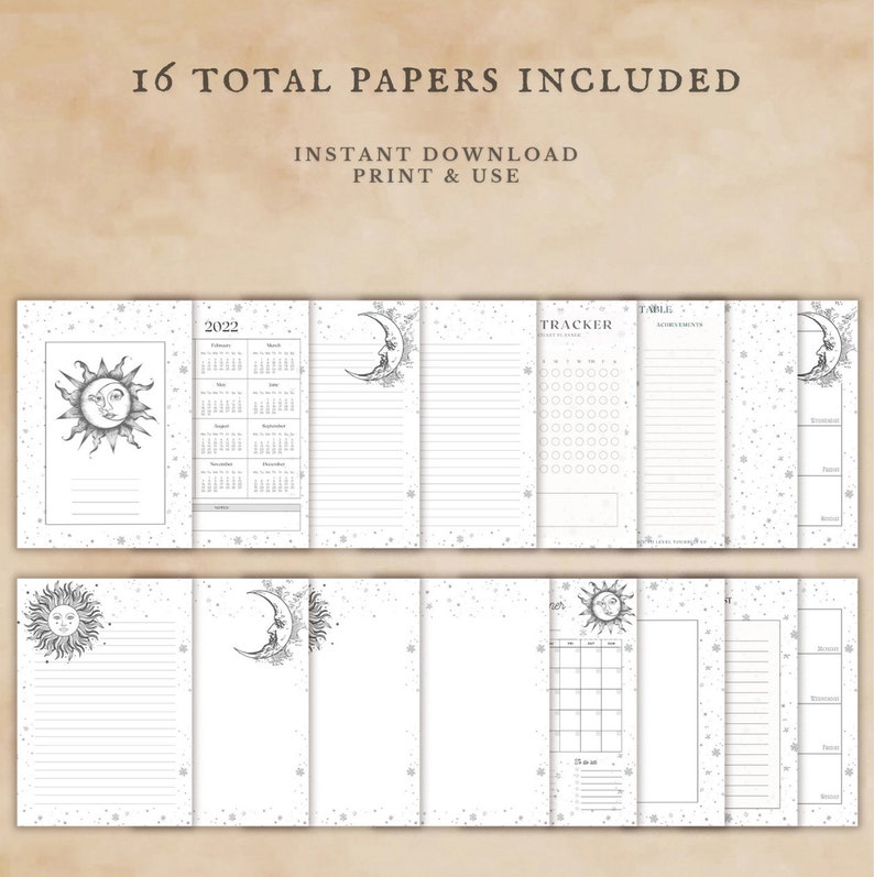 Sun and Moon Printable Journal Kit, Set of 16 Digital Papers, Daily ...