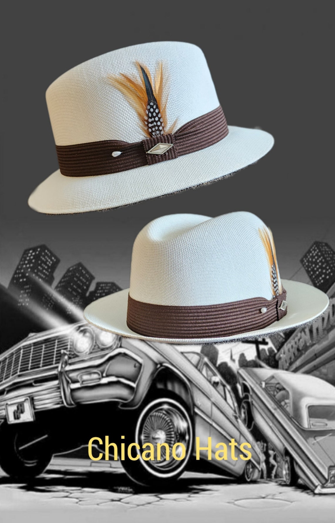 Goldline White /brown Band Fedora Lowrider Flip up or Down - Etsy