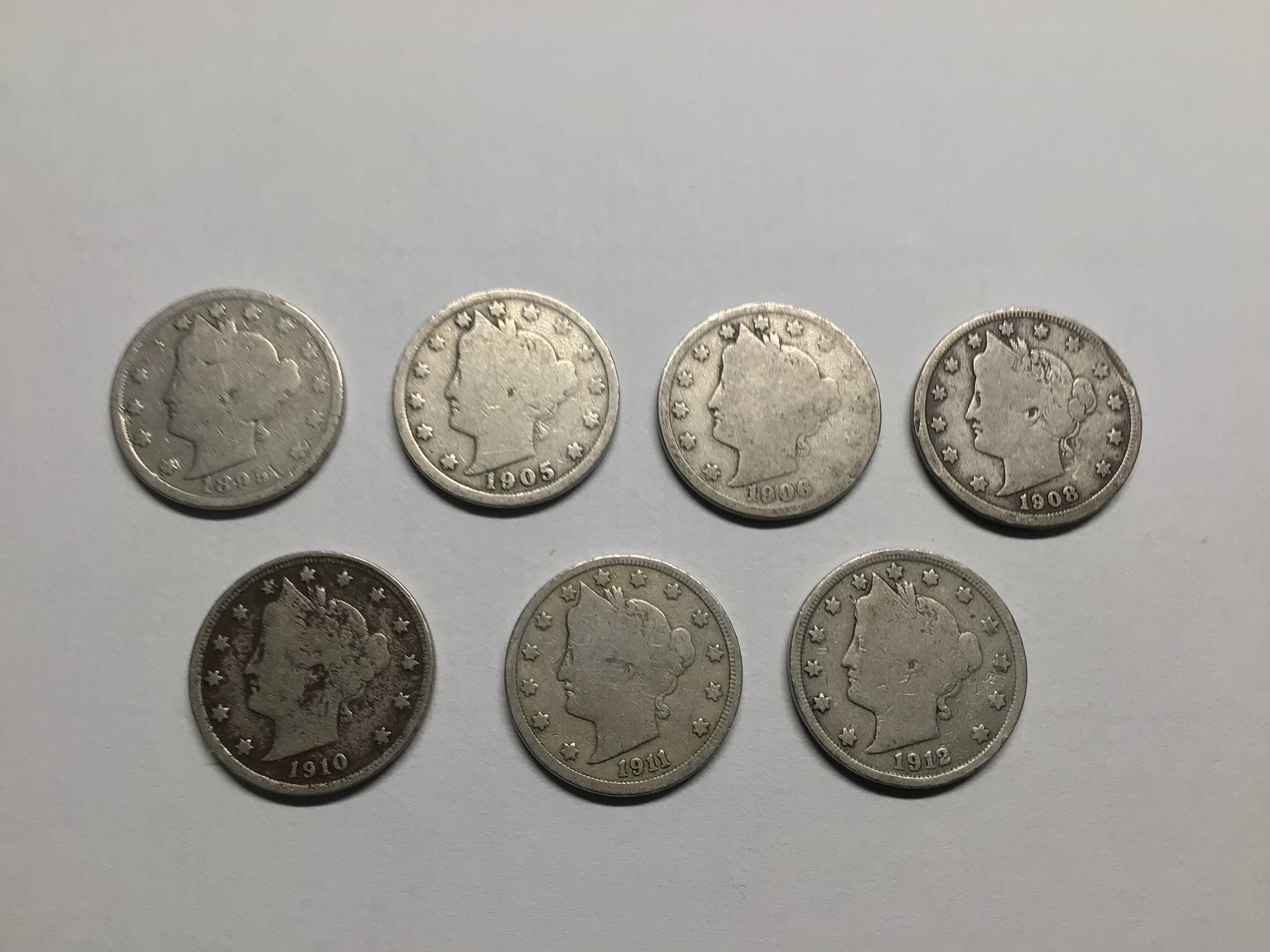 Lot of 7 Different US Liberty V Nickels 1895, 1905, 1906, 1908, 1910 ...
