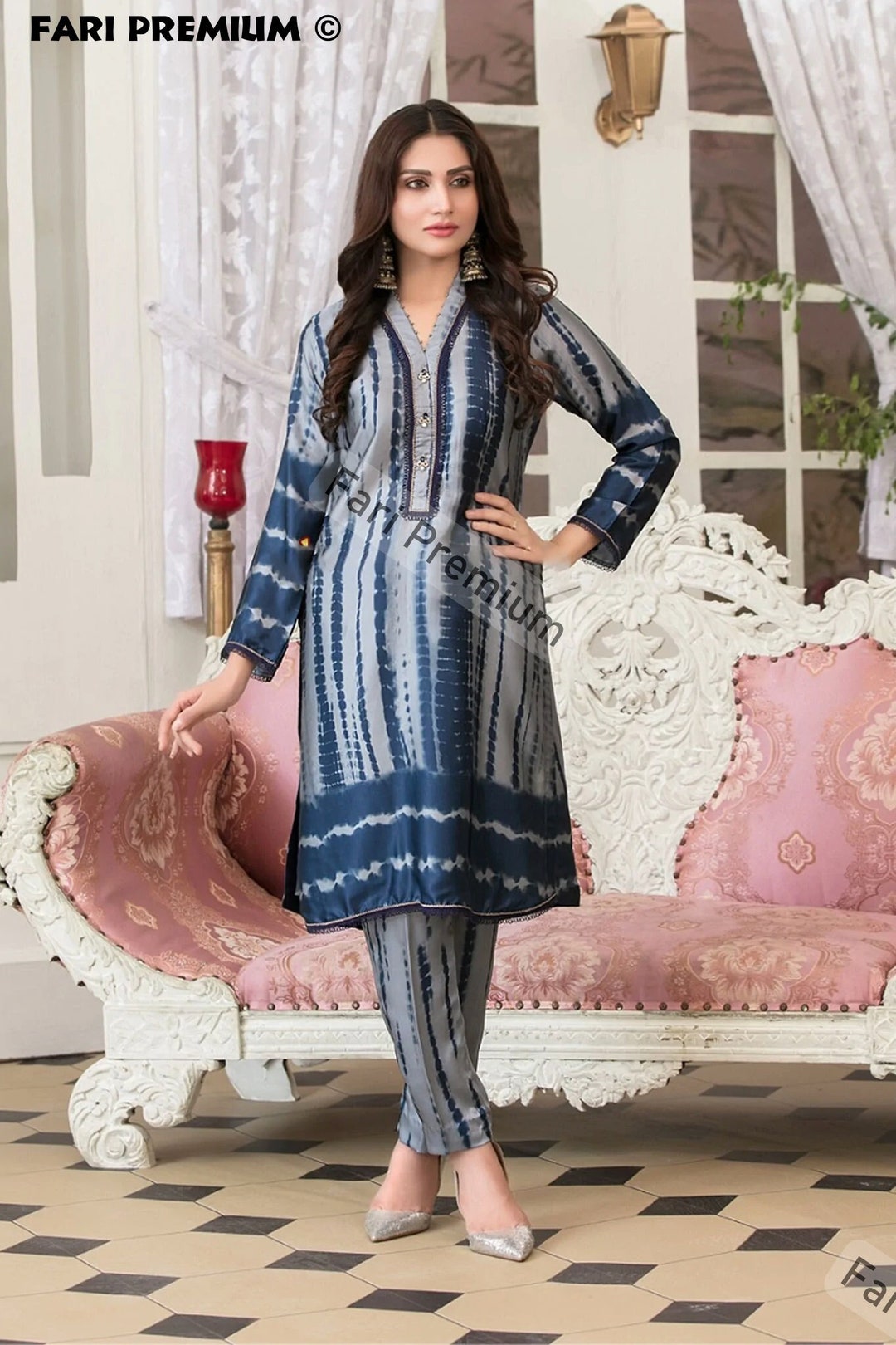 Tawakkal Brand 2PC Embellished Silk Tie Dye Shalwar Kameez Dark Blue ...