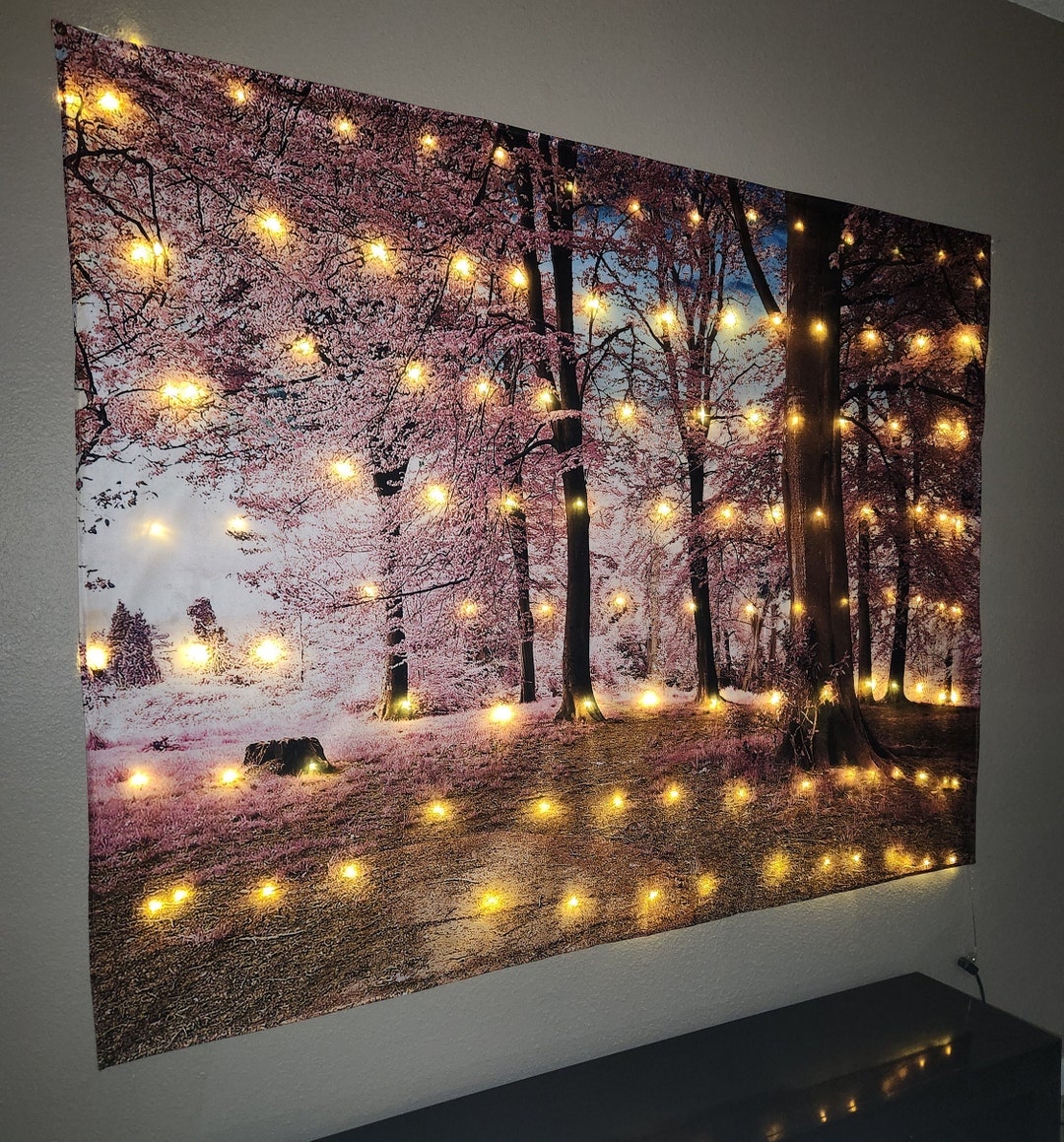 Kaisha LED Tapestry Wall Hanging; Nature Backdrop Pink Forest Trees ...