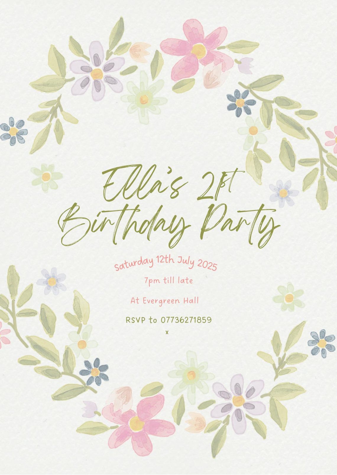 Printable Birthday Invitation- Pastels, Green Flowers Birthday Party ...