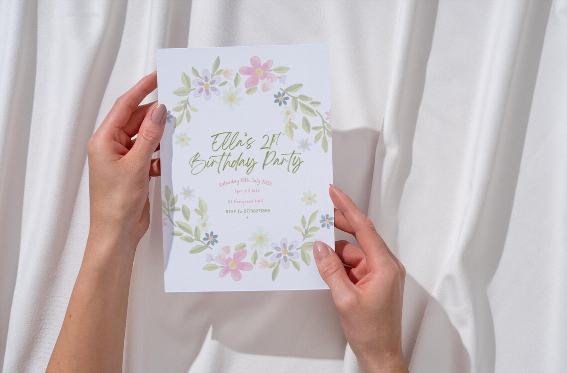 Printable Birthday Invitation- Pastels, Green Flowers Birthday Party ...