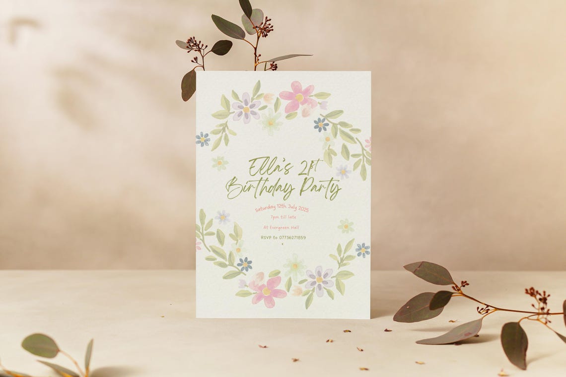 Printable Birthday Invitation- Pastels, Green Flowers Birthday Party ...
