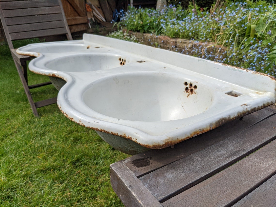 Stunning antique enamelled cast iron triple basin. | Etsy