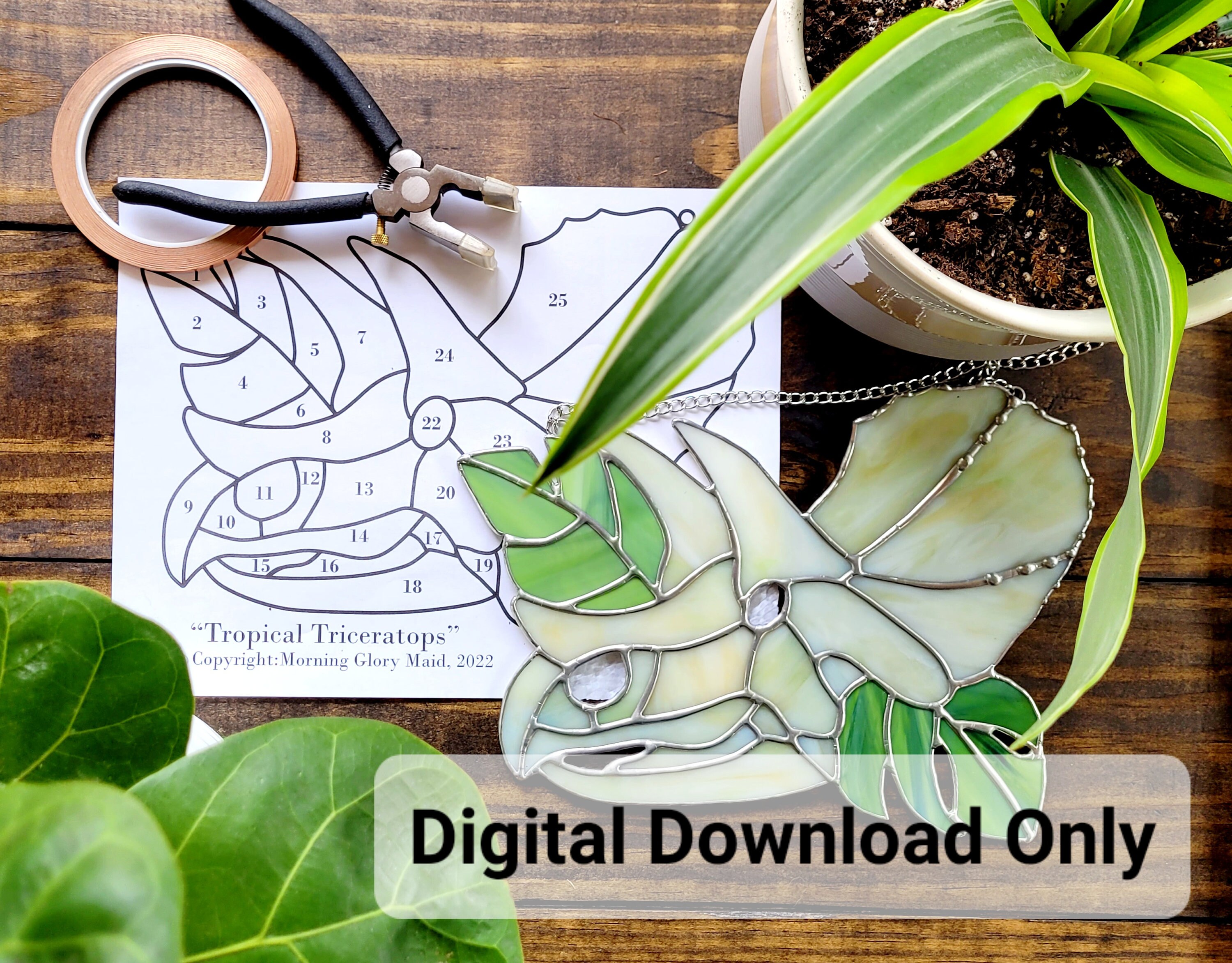 Stained Glass Pattern: tropical Triceratops PDF - Etsy