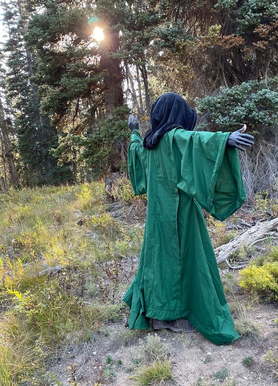 Pine Green Occult Robe With Oversized Black Velvet Hood and | Etsy