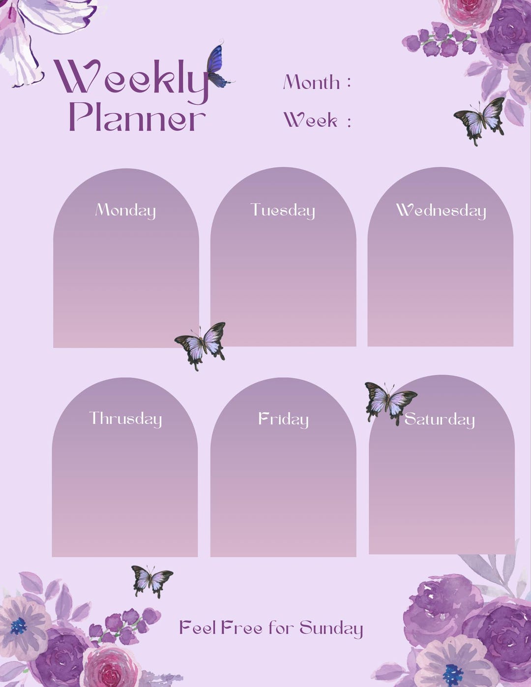 Purple Butterfly Weekly Planner Template - Etsy