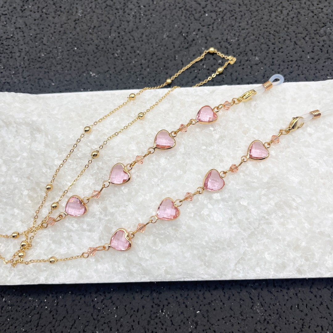 Glasses Chain, Pink Crystal Sunglasses Chain, Heart-shaped Crystal Bead ...