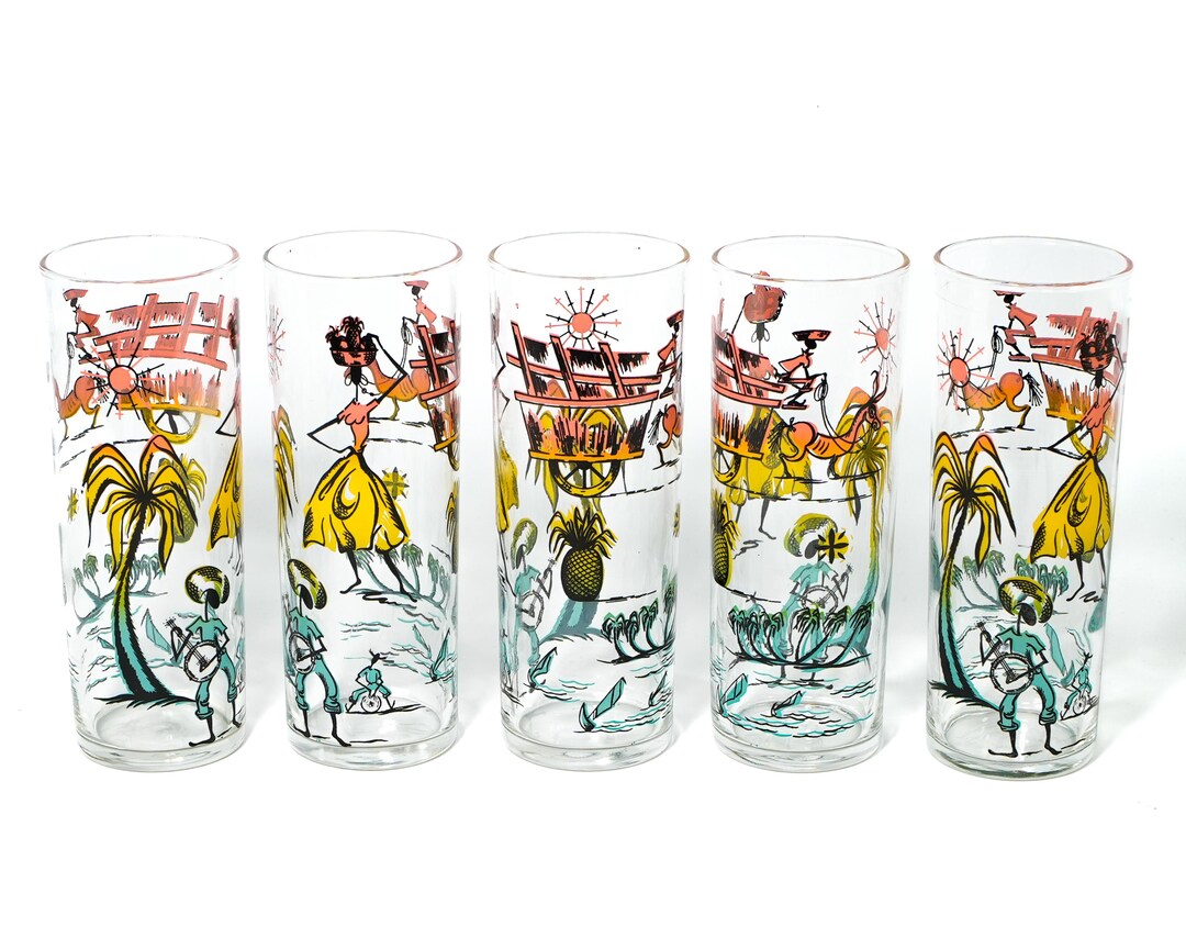 Set of 5 Vintage Bartlett Collins Tropical Beach Glasses | Mid Century ...