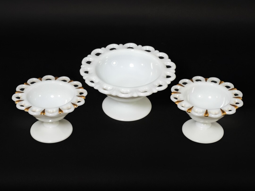Vintage Anchor Hocking Old Colony Milk Glass Compote Set – Gold-trimmed ...