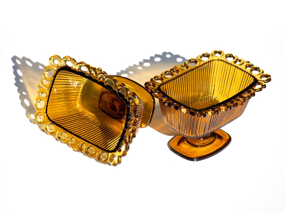 FTDA 1981 Amber Indiana Glass Pedestal Dish With Lace Rim - Vintage ...