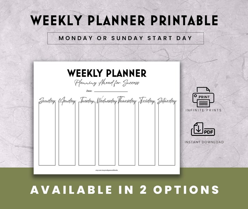 Printable Weekly Planner Sheet Minimalist Planner 2 Week Start Options ...