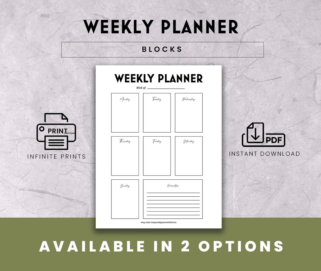 Printable Weekly Blocks Planner Sheet Minimalist Planner 2 Week Start ...