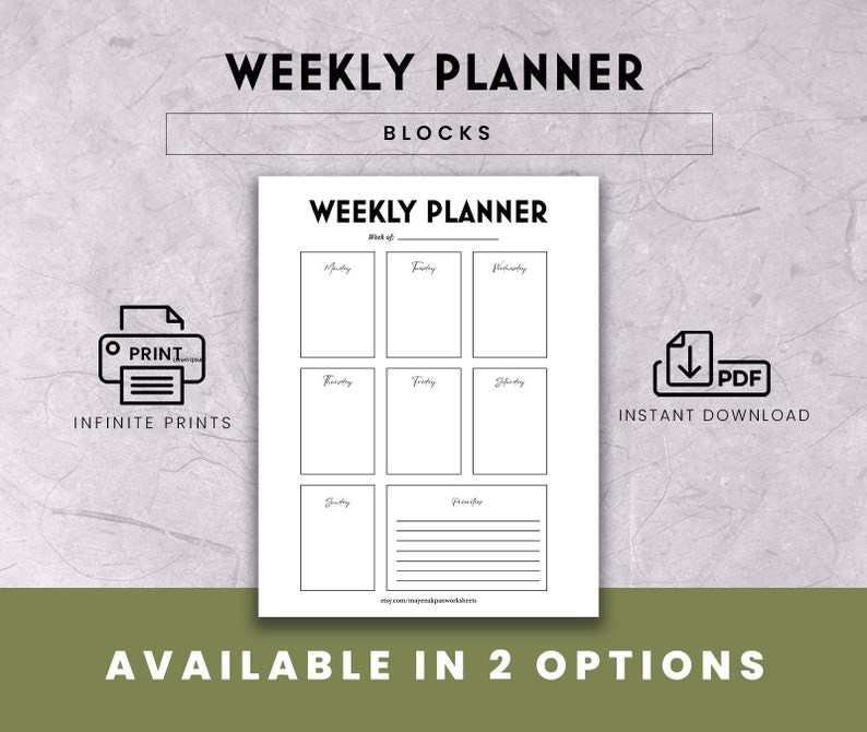 Printable Weekly Blocks Planner Sheet Minimalist Planner 2 Week Start ...