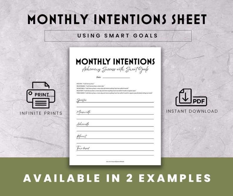 SMART Goals Monthly Intentions Planner US Letter Size Stationary PDF ...