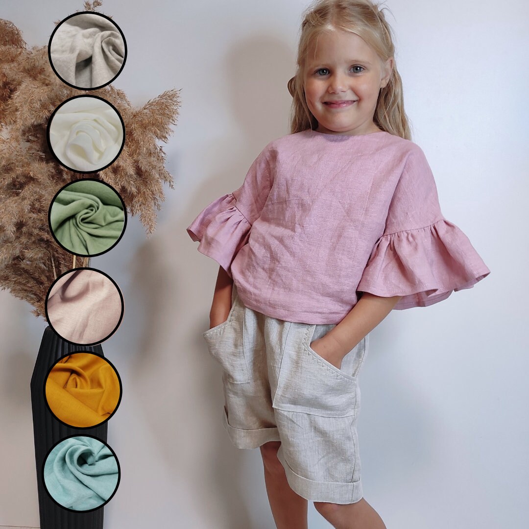 Linen Girls Clothing. Dusty Rose Top Ruffle Sleeves. Pink T-shirt for ...