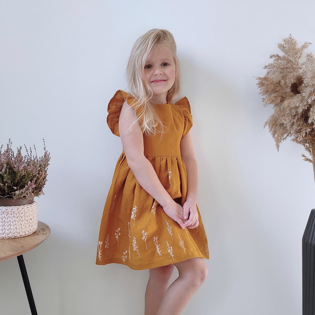 Linen Girls Dress, Organic Washed Linen Baby Dress, Mustard Toddler Kids Dress, Cottagecore ...