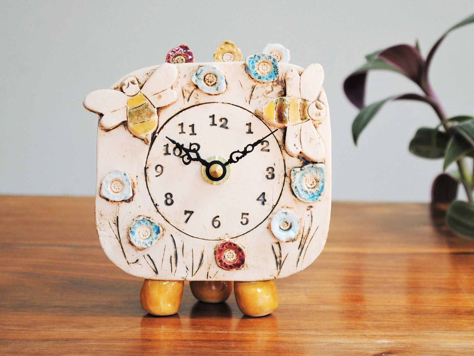 Bumble Bees & Blossoms Analogue Clock. A Ceramic Handmade Gift, Unusual ...