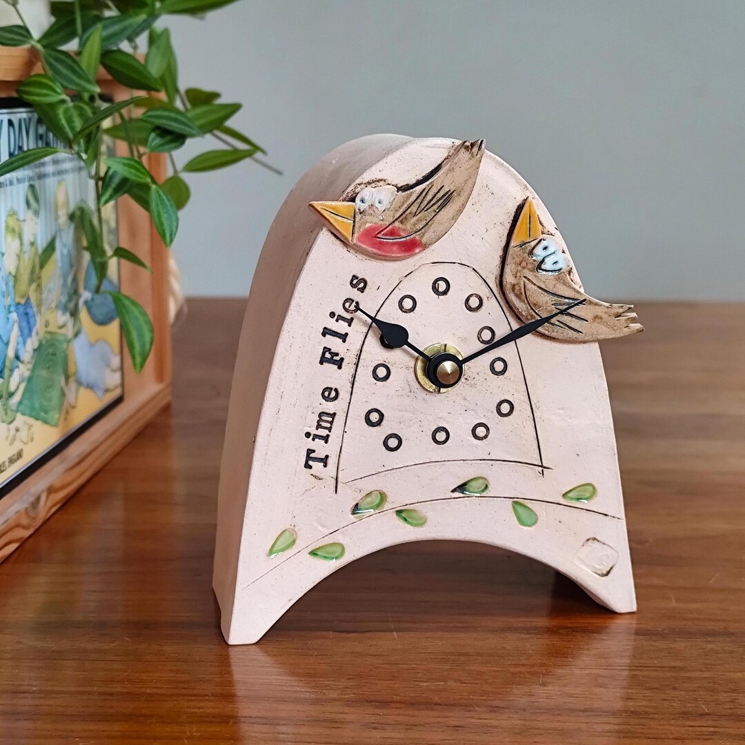 Handmade Pottery Mantel Clock: Robin and Leaves, Time Flies - Etsy