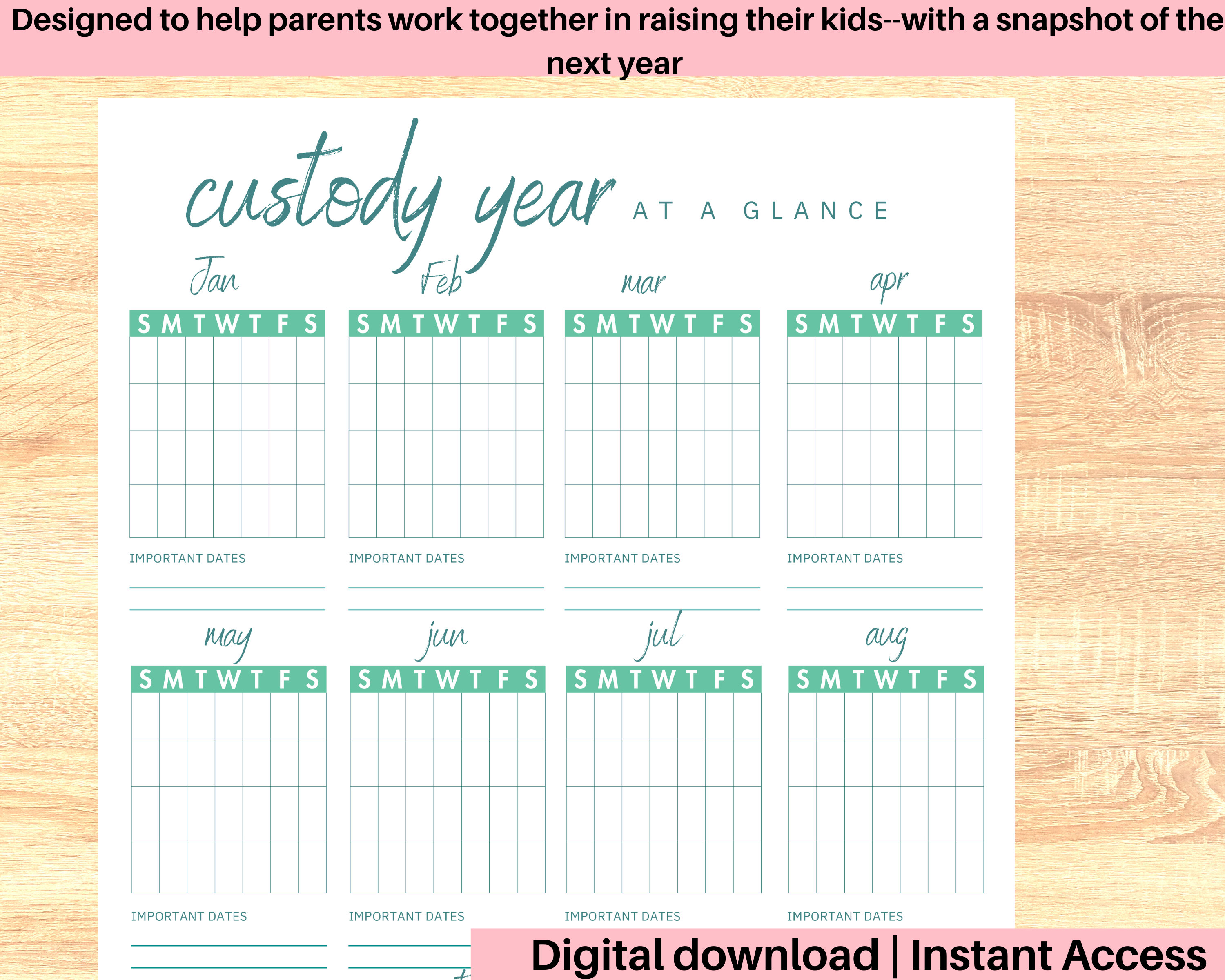 Child Custody Calendar for Kids, Co-parenting Planner Printable, Single ...