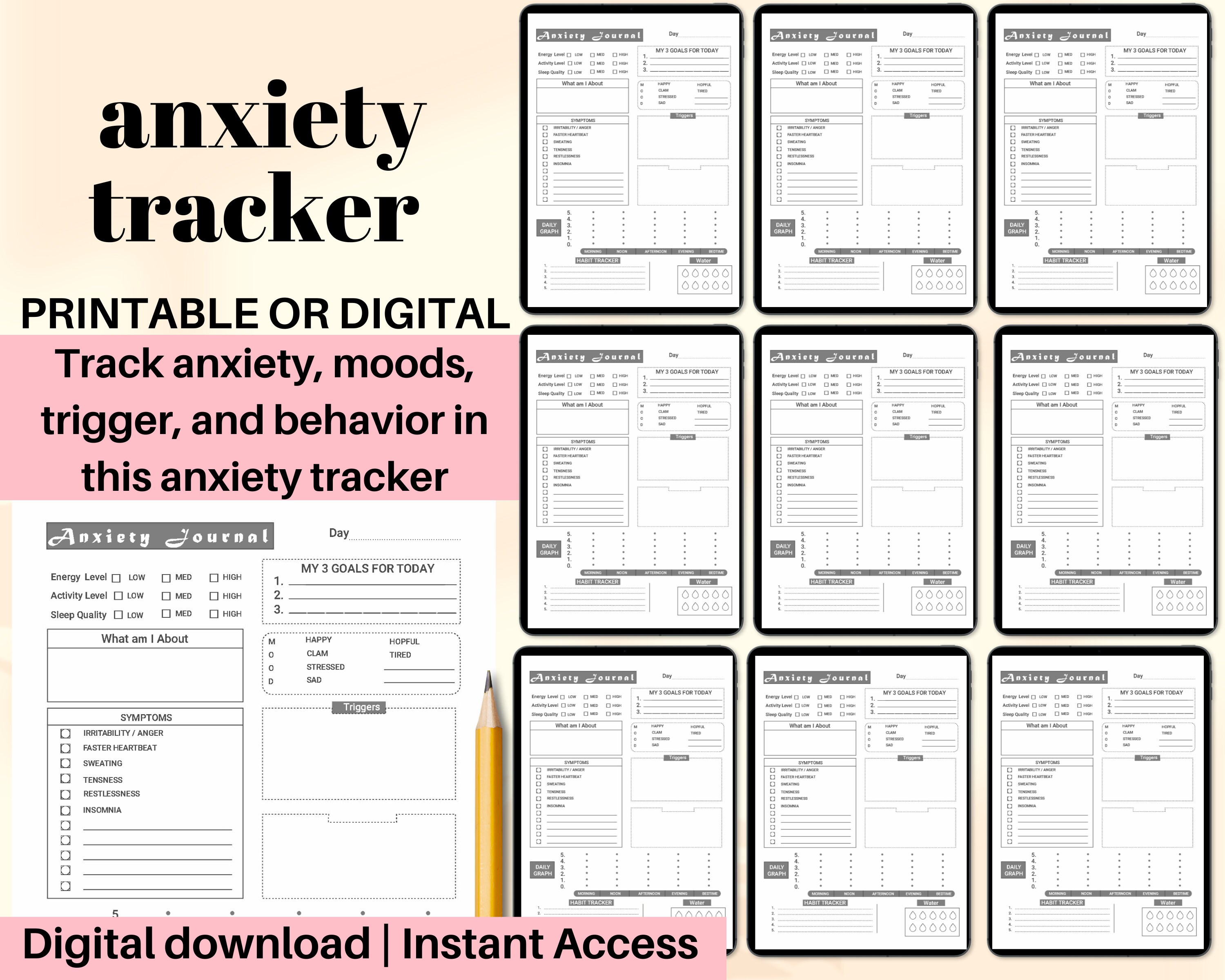 Anxiety Tracker Printable, Daily Anxiety Journal Digital, Therapy ...