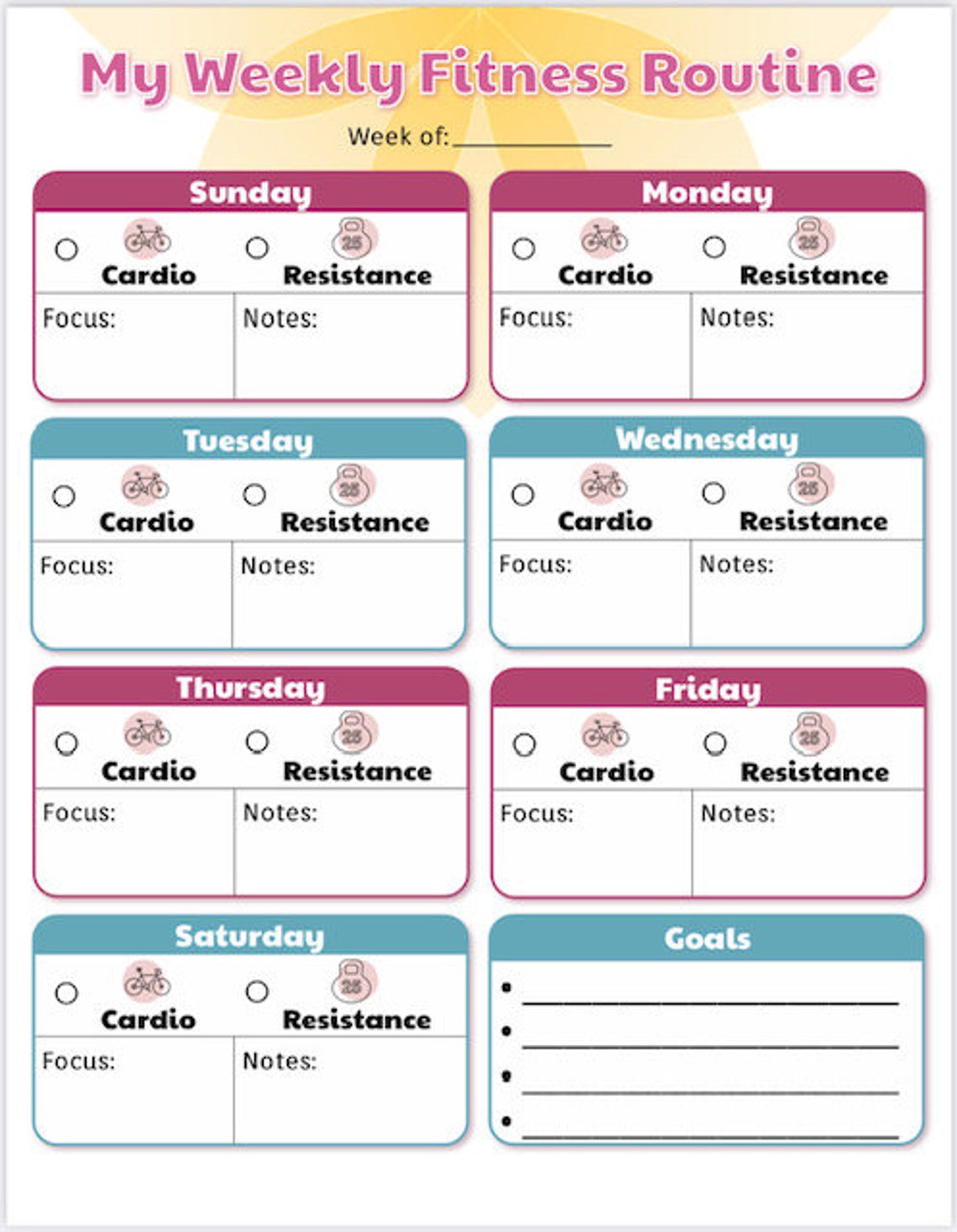 Printable Weekly Fitness Routine, Exercise Journal, Diet & Nutrition ...
