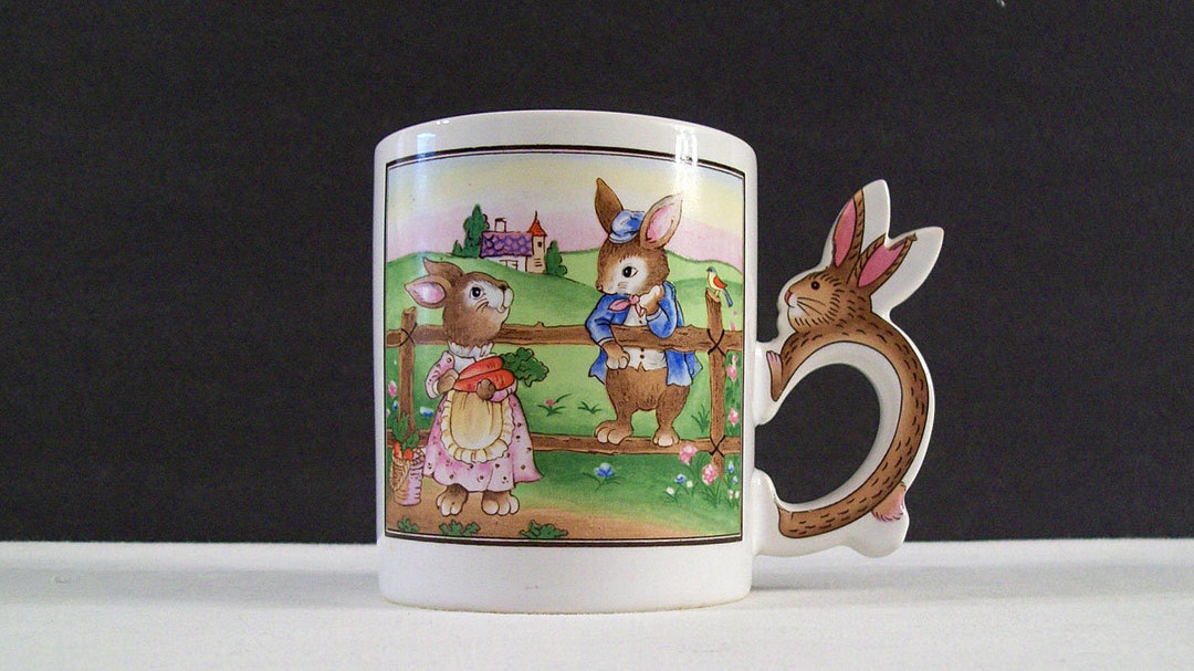 RABBIT HANDLED Stoneware Mug – Rabbits Transfer Design – 10 Ounces ...