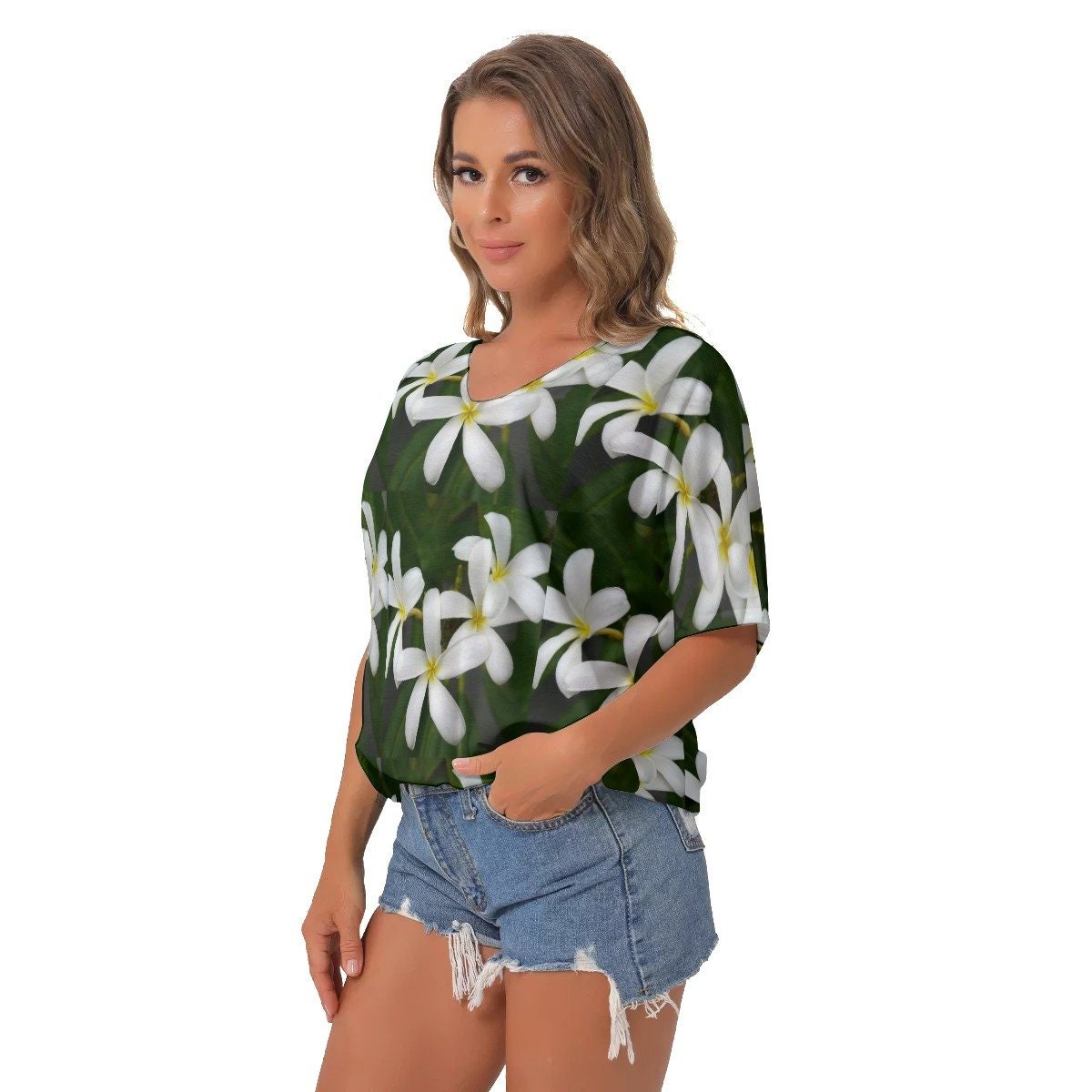 Bat Wing Women's V Neck Top in a White Frangipani or Plumeria Design ...