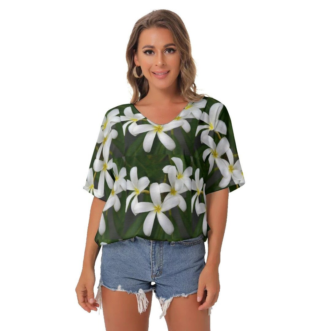 Bat Wing Women's V Neck Top in a White Frangipani or Plumeria Design ...