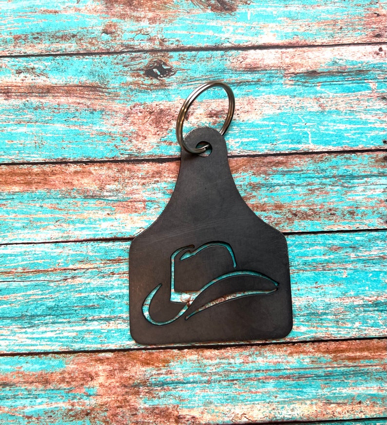 Stainless Steel Large Cattle Ear Tag Key Chain With Cowboy Cutouts - Etsy