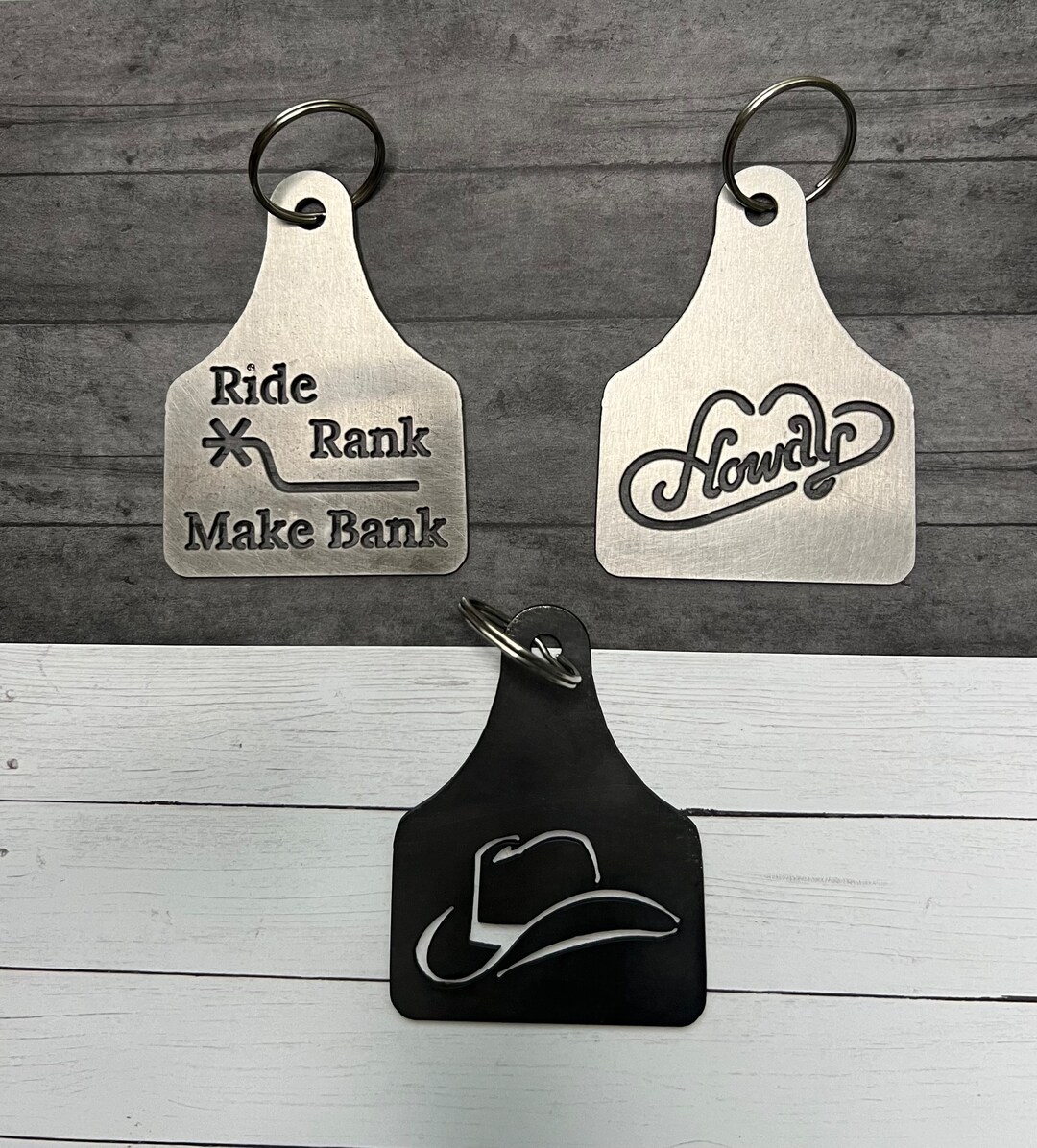 Stainless Steel Large Cattle Ear Tag Key Chain With Cowboy Cutouts - Etsy
