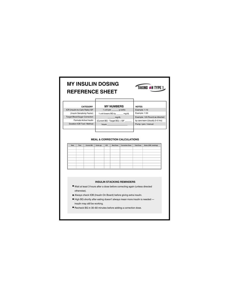 Insulin Dosing Reference Sheet Printable | Type 1 Diabetes ICR & ISF ...