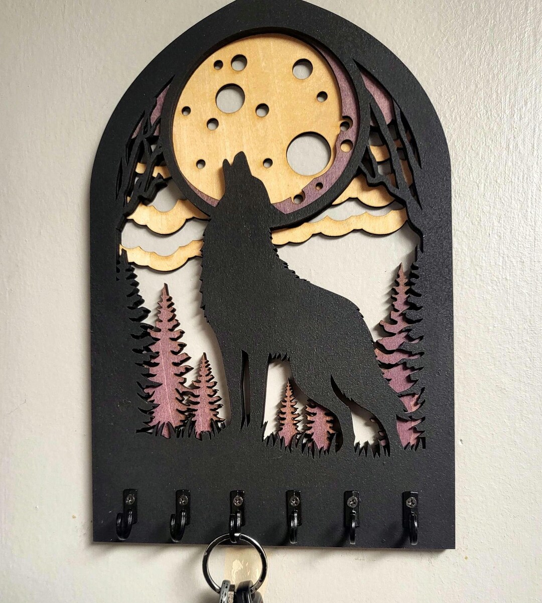 Howling Wolf Wooden Key Rack: Cabin Decor With 6 Hooks - Etsy