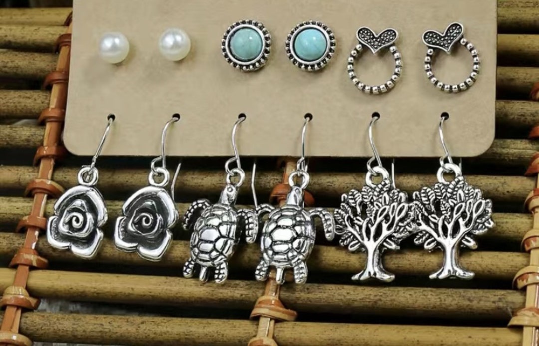 Vintage Silver Turtle, Tree of Life, Rose Drop Earring Set With ...