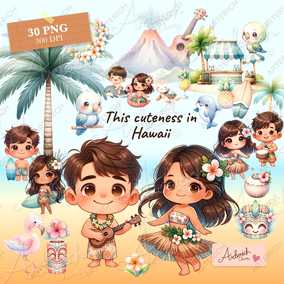 Watercolor Hawaii Themed Clipart,cute Beach Clipart for Commercial Use ...