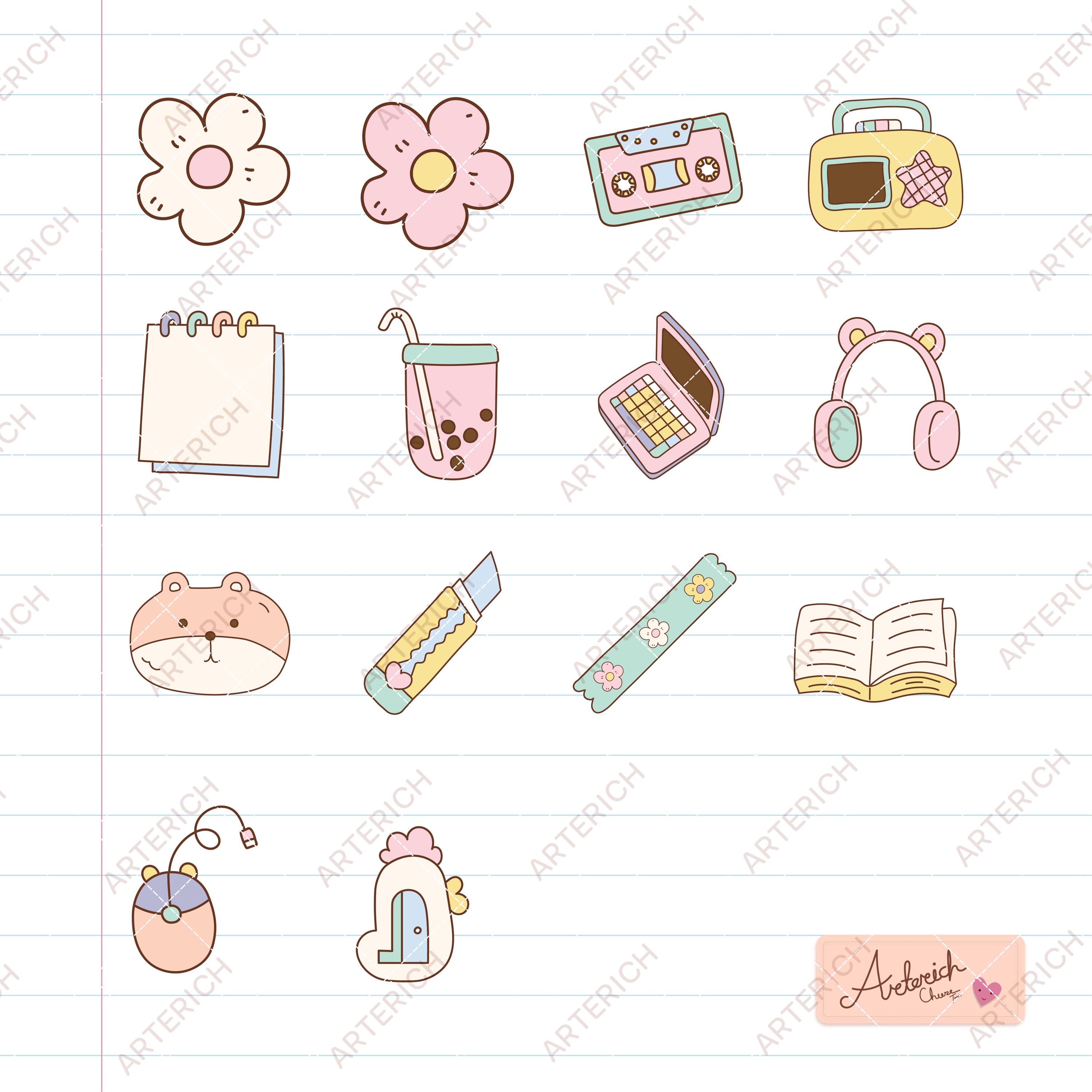 Pastel School Clipart, Stationery Digital Stickers,decoration Sticker ...