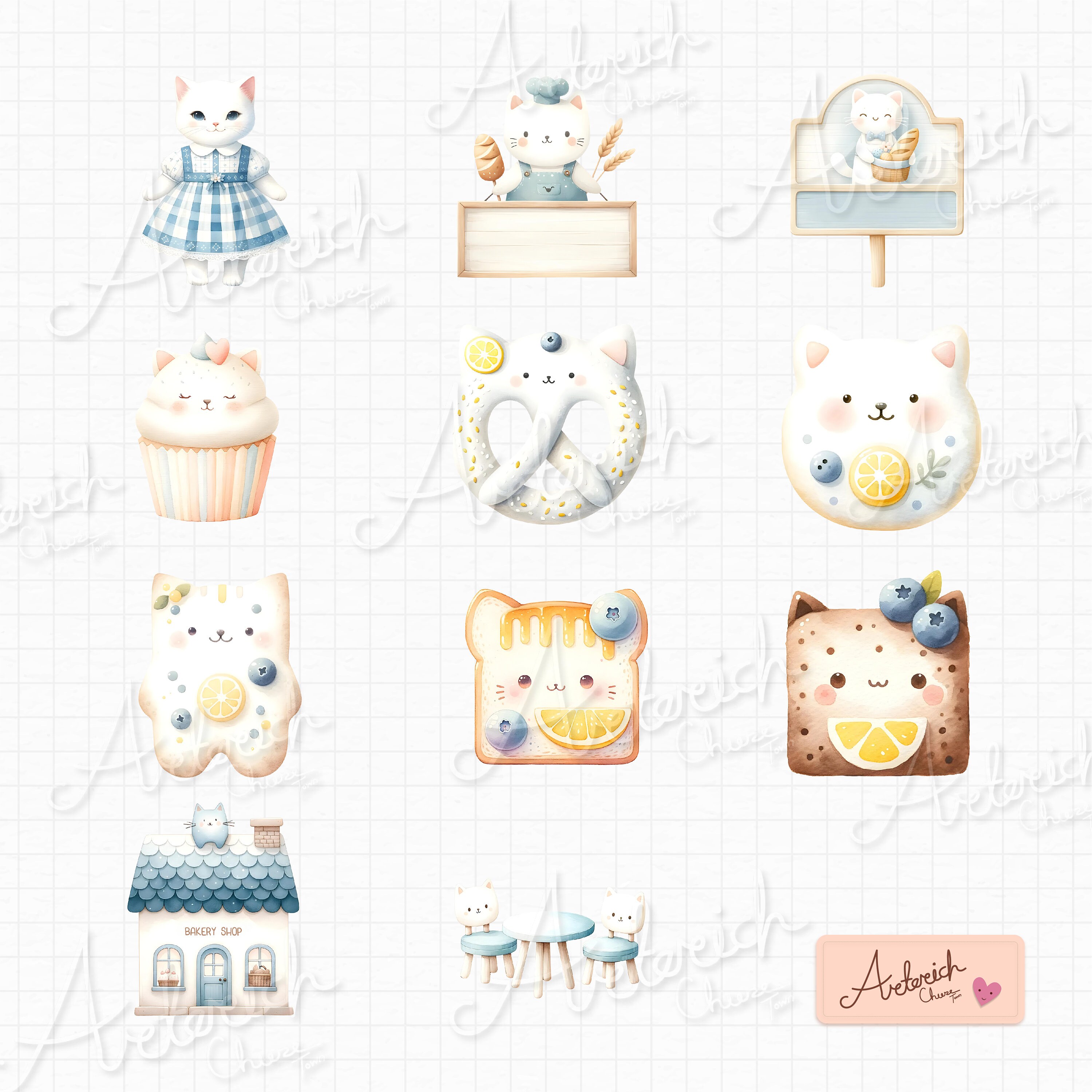 Watercolor Cat Clipart, Bakery Clipart for Commercial Use, Transparent ...