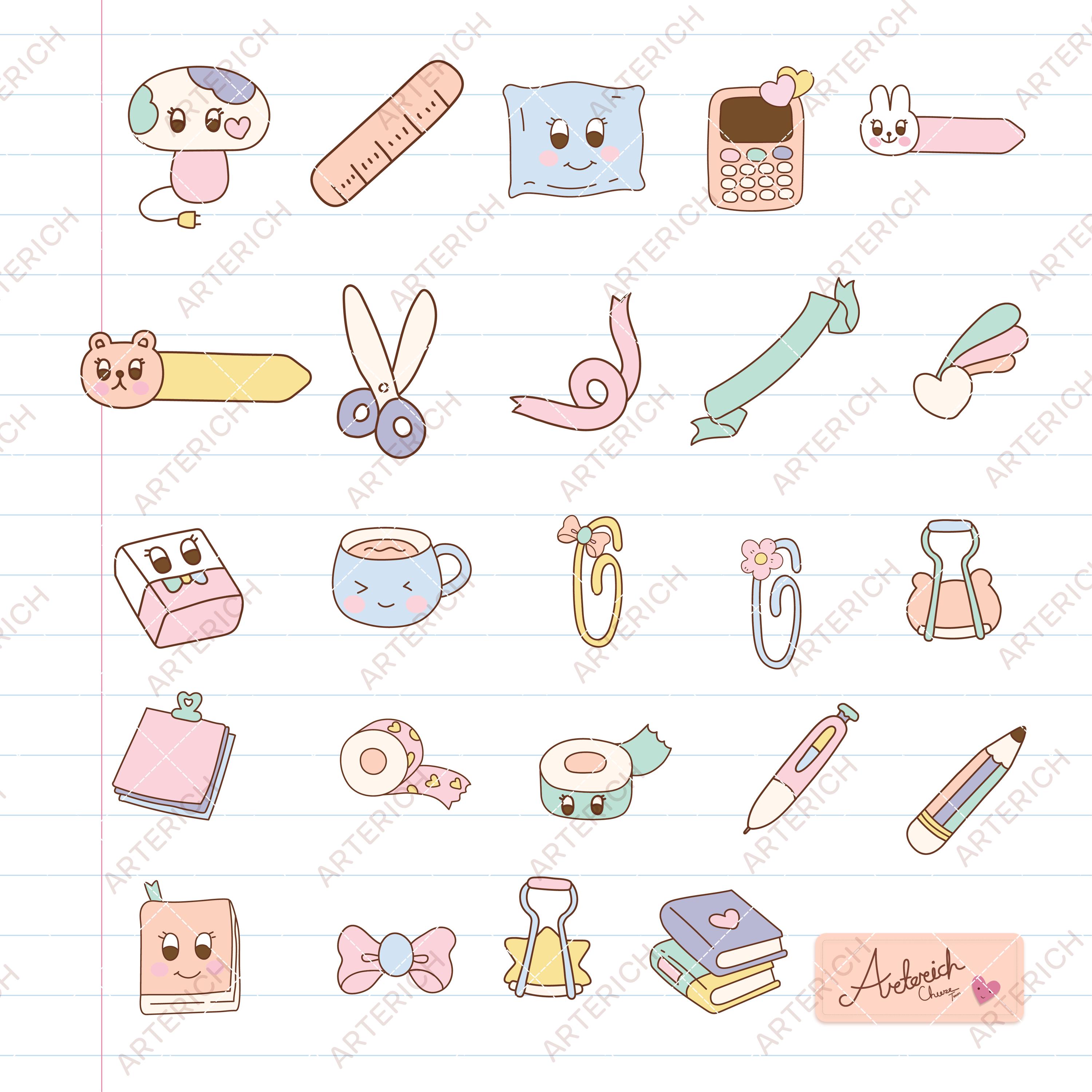 Pastel School Clipart, Stationery Digital Stickers,decoration Sticker ...