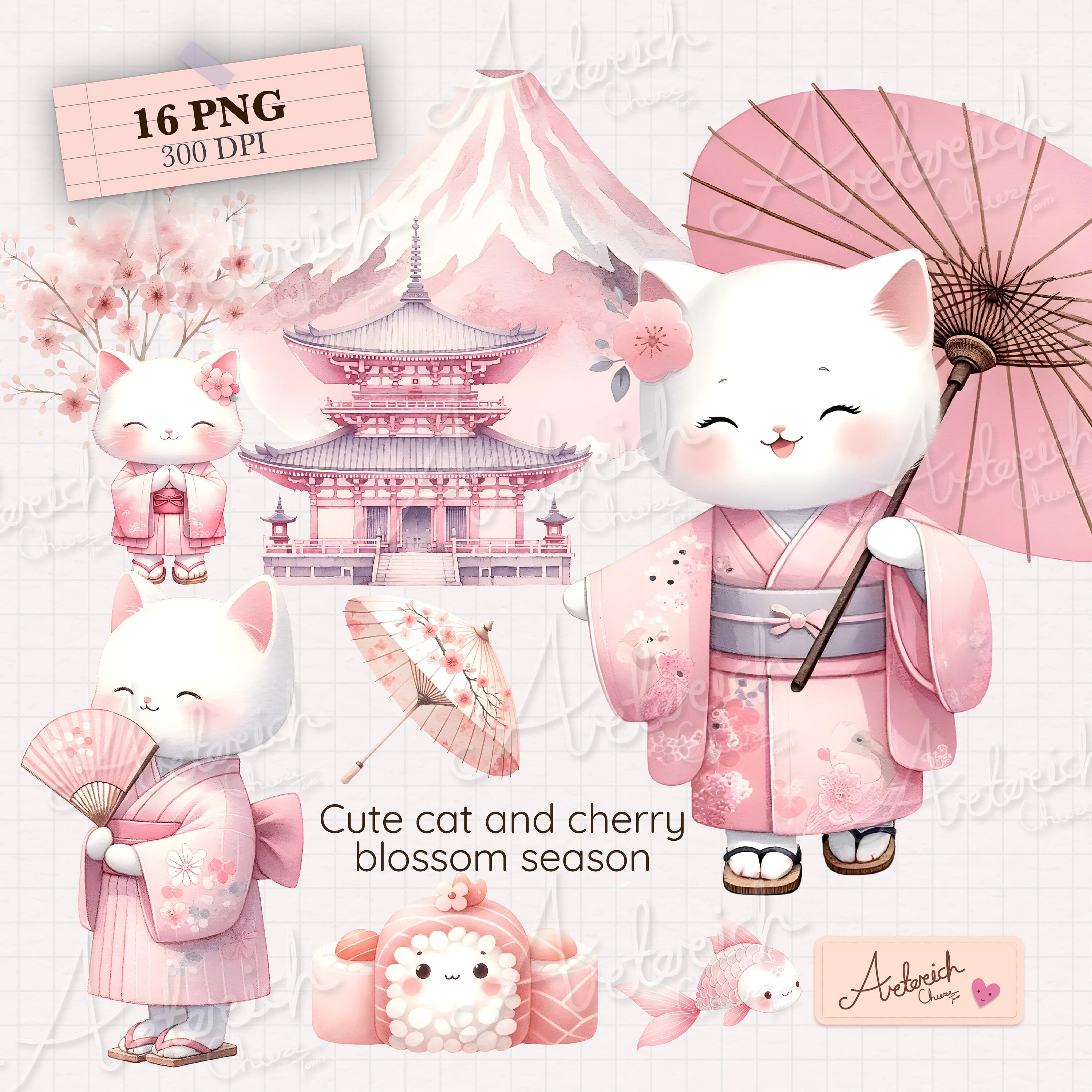 Watercolor Cat Clipart,pink Cherry Blossom Clipart for Commercial Use ...