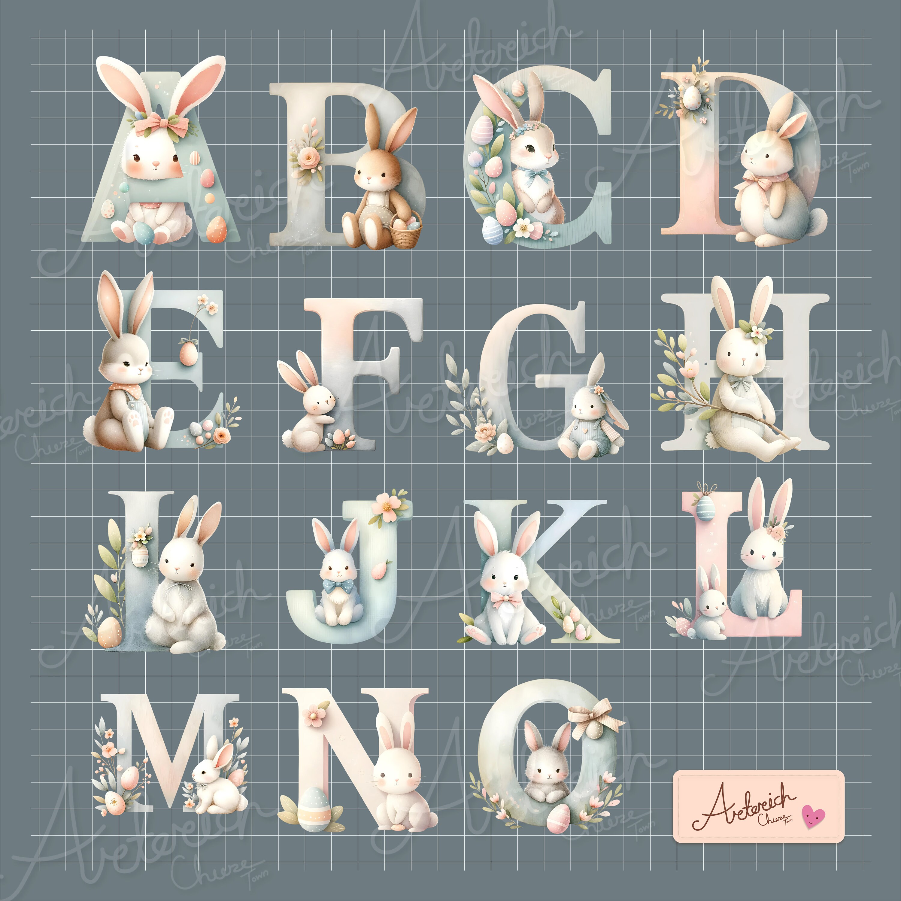 Watercolor Bunny Clipart,cute Easter Alphabet Clipart for Commercial ...
